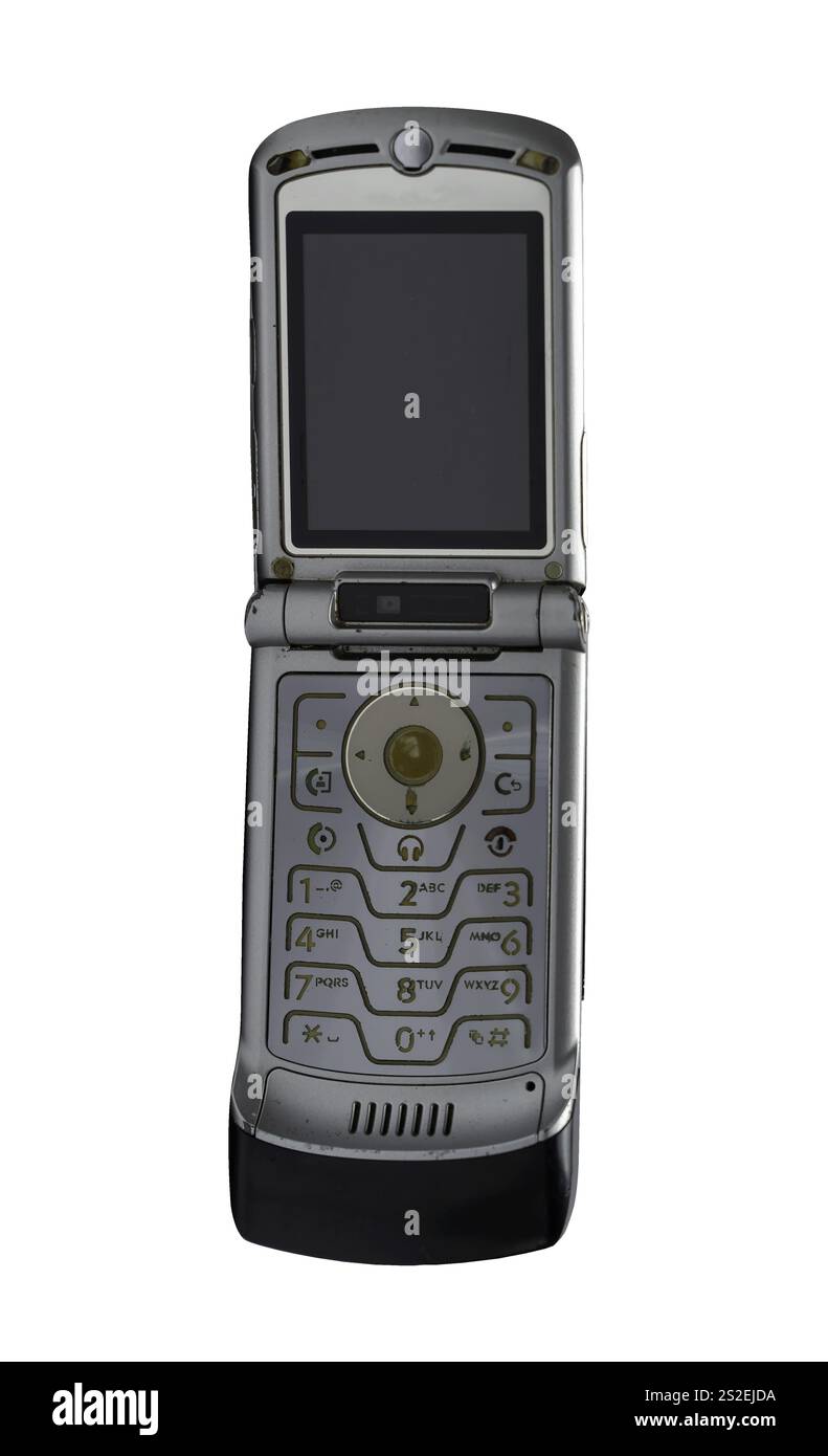 Retro mobile phone with a classic button design on a transparent ...