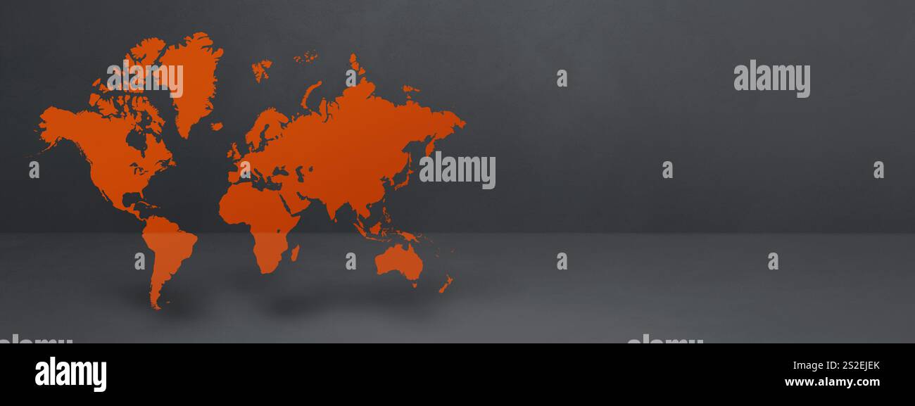 Orange world map isolated on black concrete wall background. 3D ...