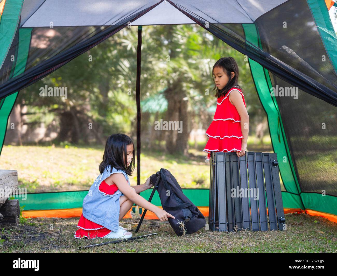 Two sisters are helping each other set up a table in nature on a sunny ...