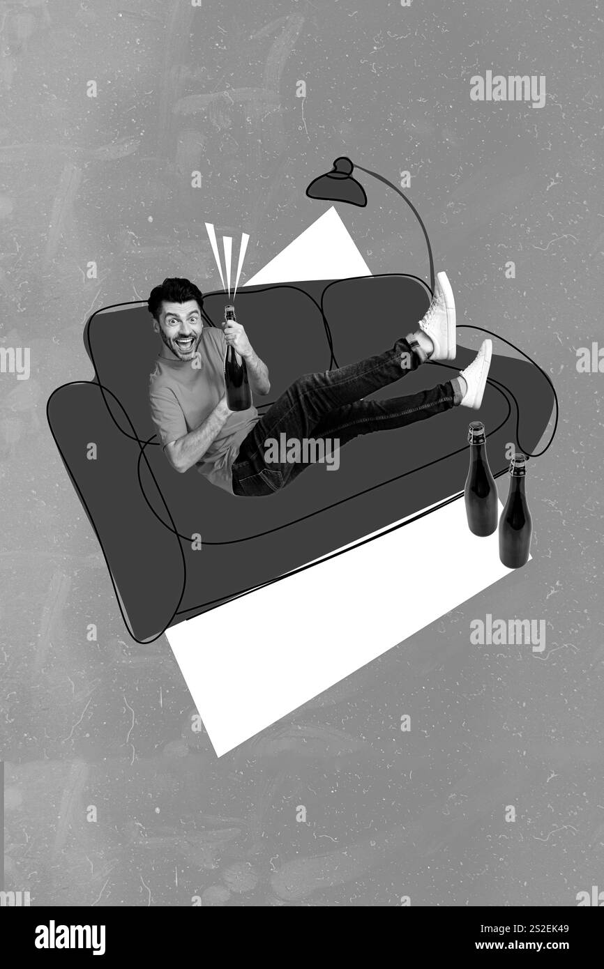 Composite collage of young alcoholic guy lying comfortable drawing blue ...