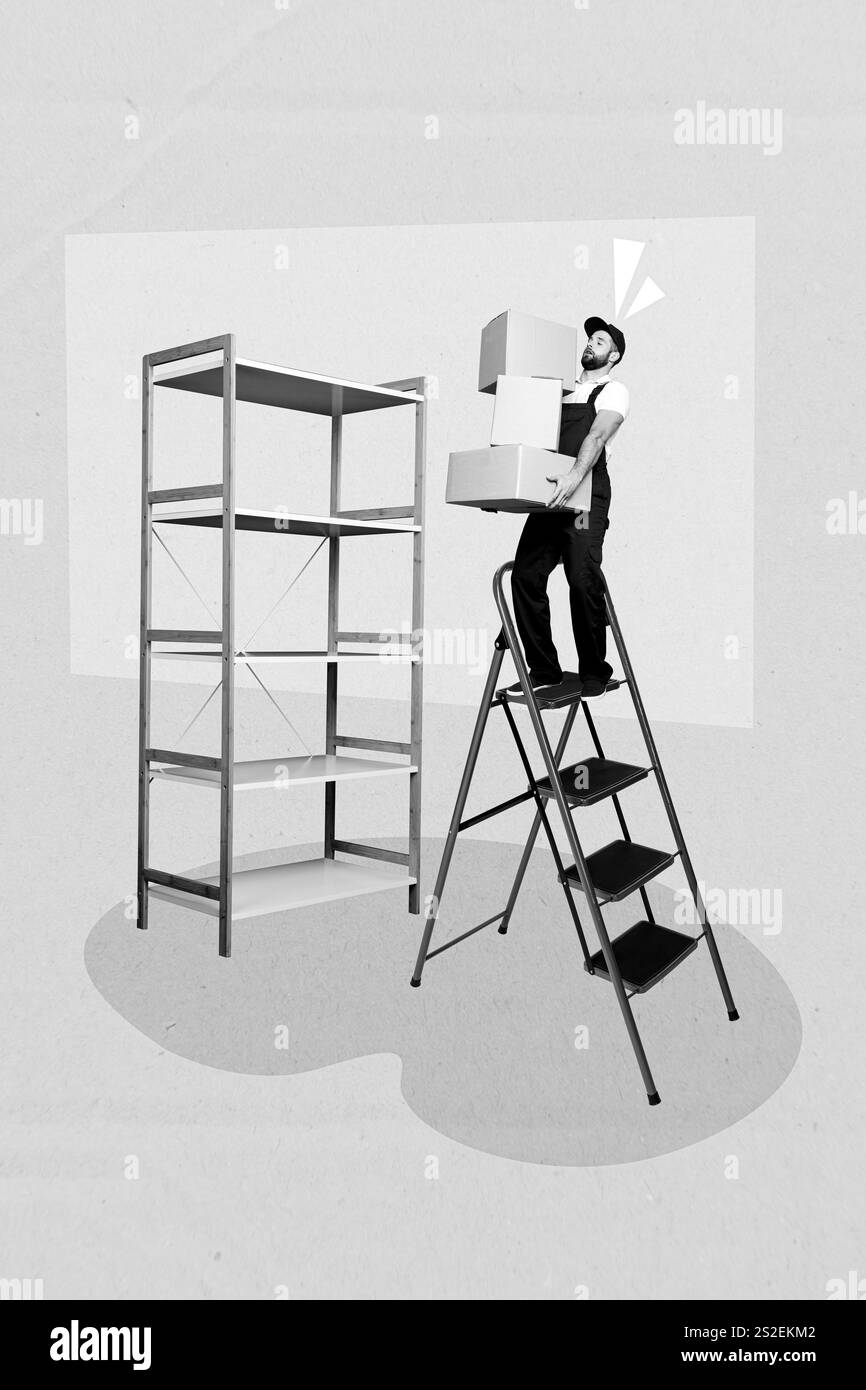 Collage photo of young delivery man hold stack packages from shopping ...