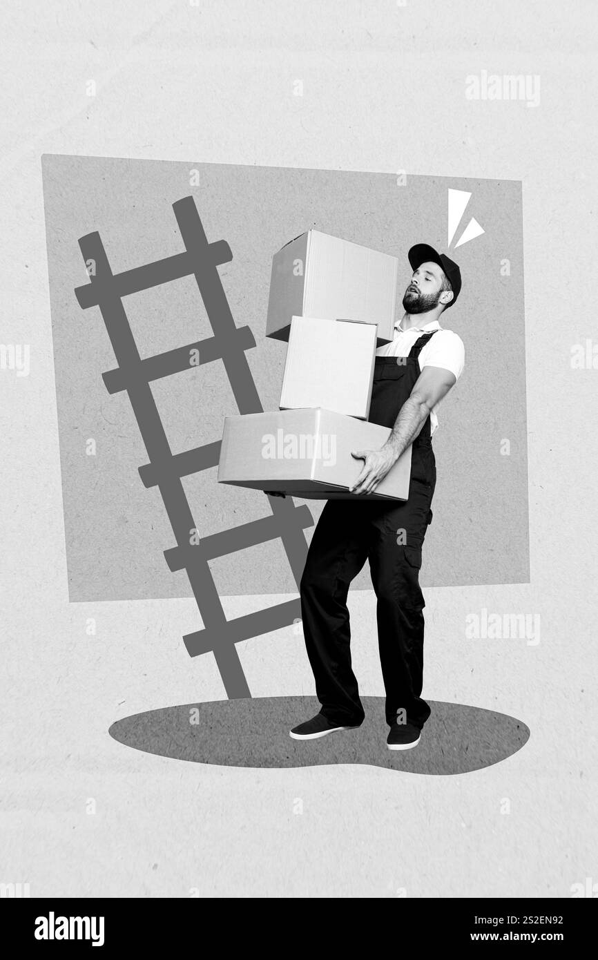 Vertical collage picture of postman courier guy arms hold pile stack ...