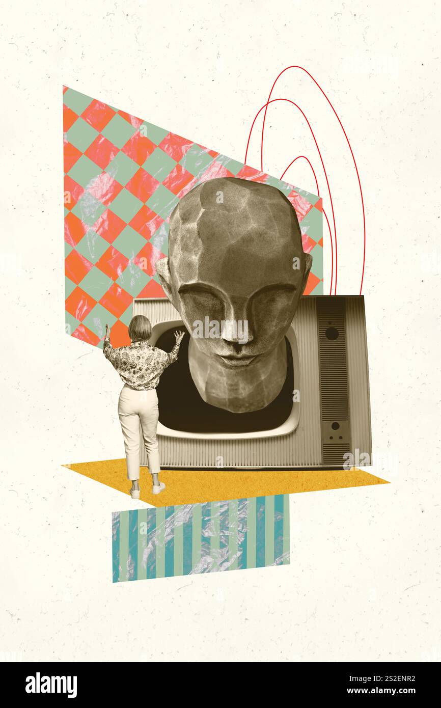 Vertical sketch 3d collage poster of anonym girl stand back look ...