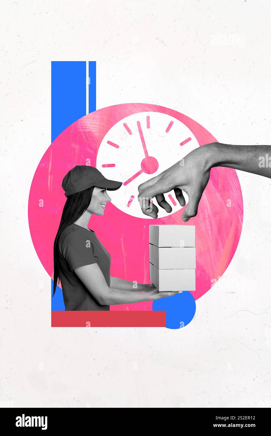 Vertical sketch 3d artwork collage poster of happy girl delivery worker ...