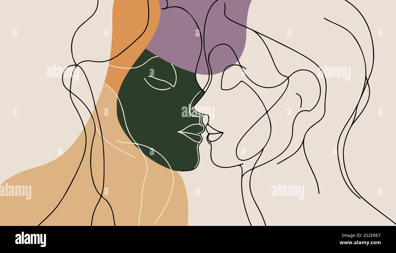 A minimalist line art illustration depicting two abstract faces in ...