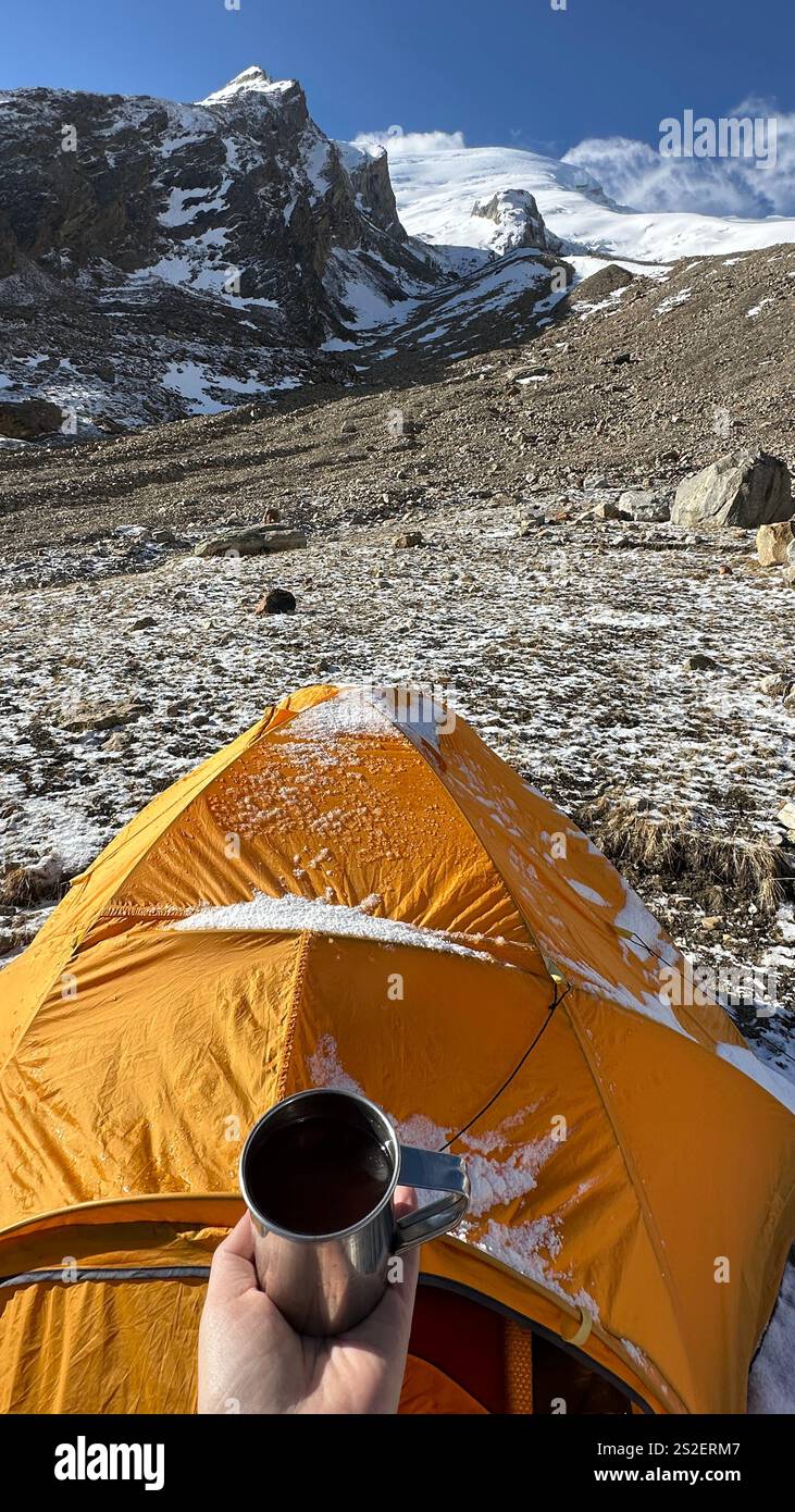 Personal perspective view of a woman drinking a cup of tea on a ...