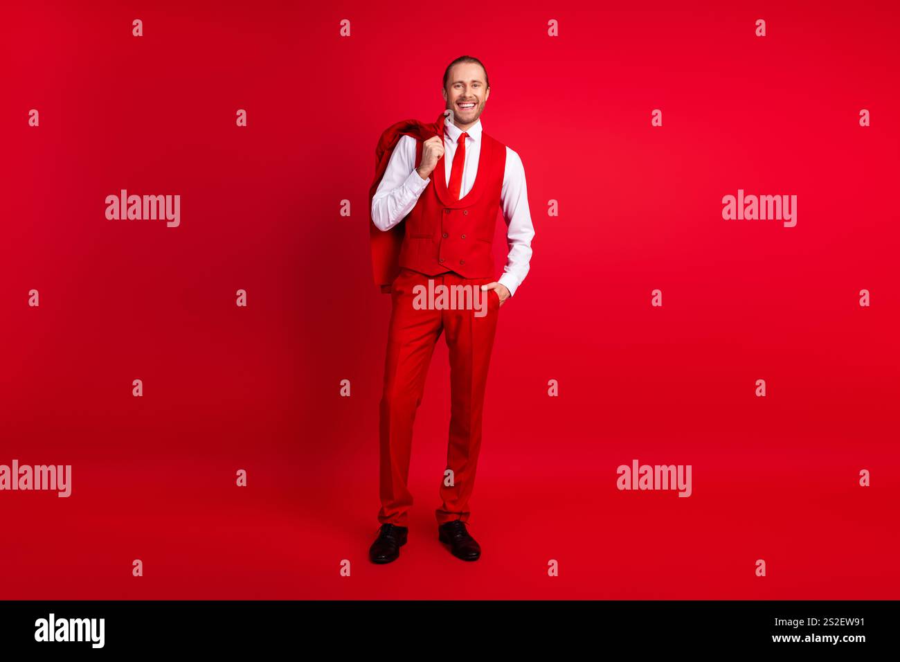 Full size photo of handsome young guy take off jacket put on shoulder ...