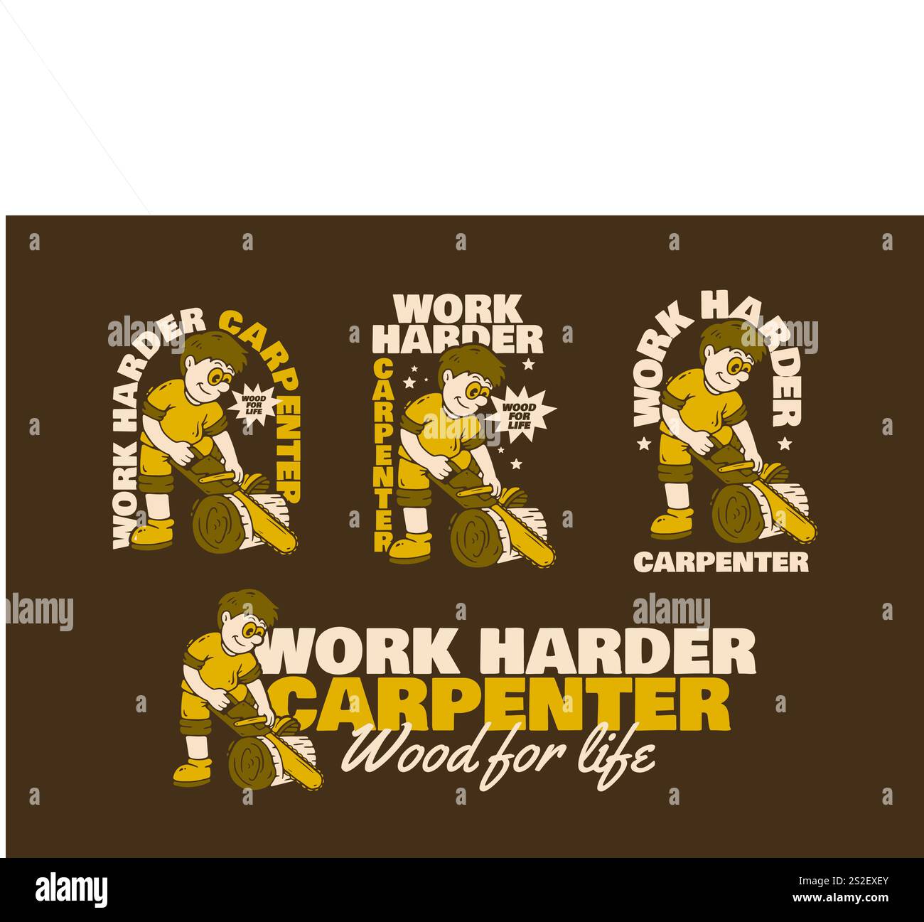 The character of a carpenter is sawing wood with a chainsaw. Flat art ...