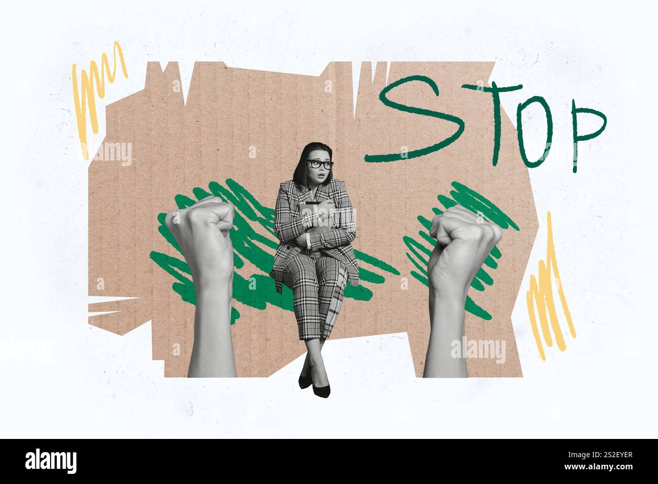 Creative collage young businesswoman afrad scared bullying fist arms ...