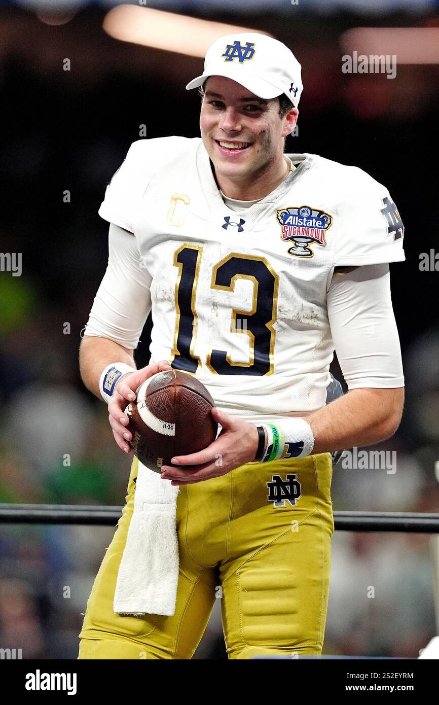 NEW ORLEANS, LA - JANUARY 02: Quarterback Riley Leonard #13 of the Notre Dame Fighting Irish is ...