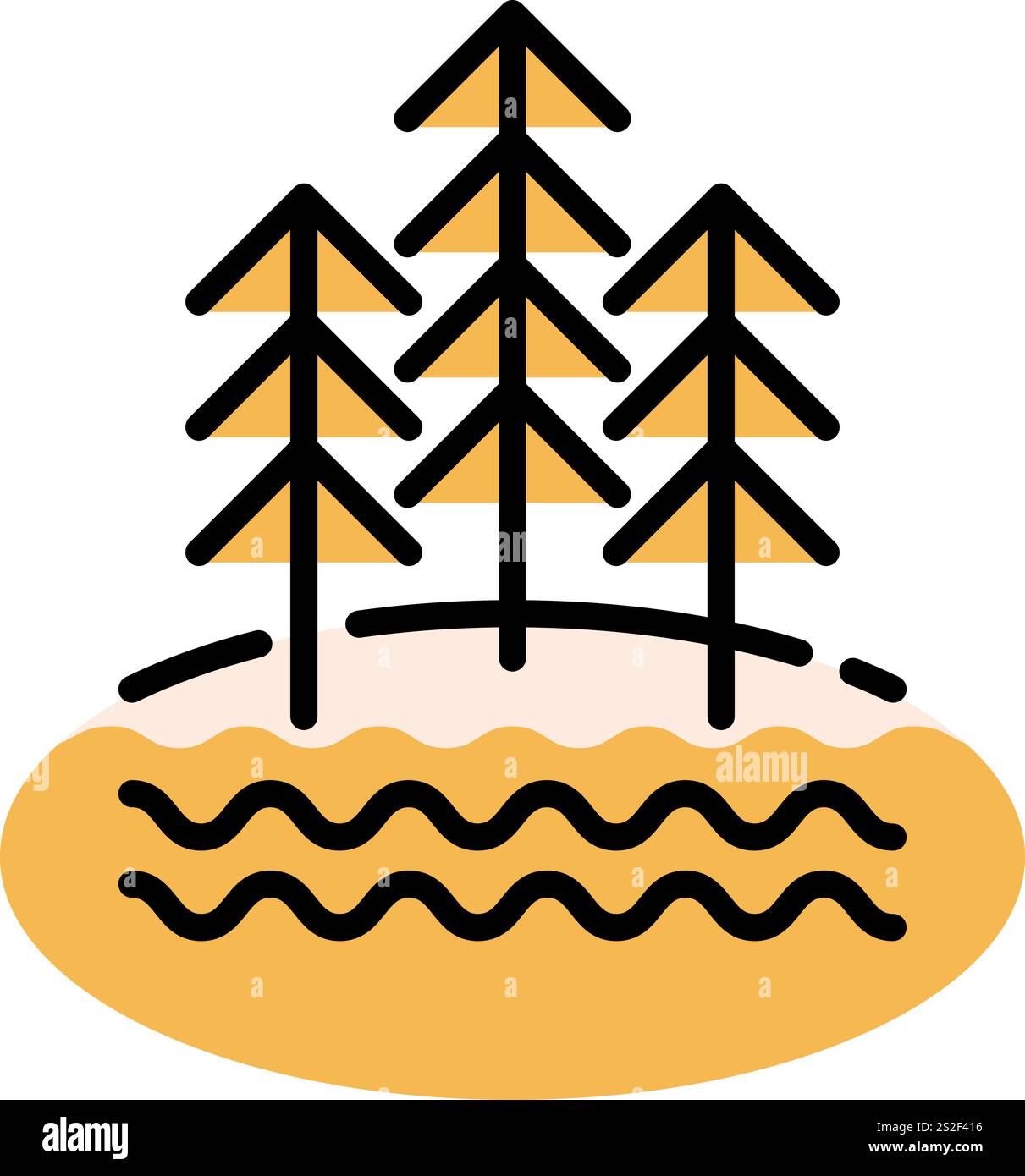 Landscape line icon. Fir forest and body of water outline vector sign ...