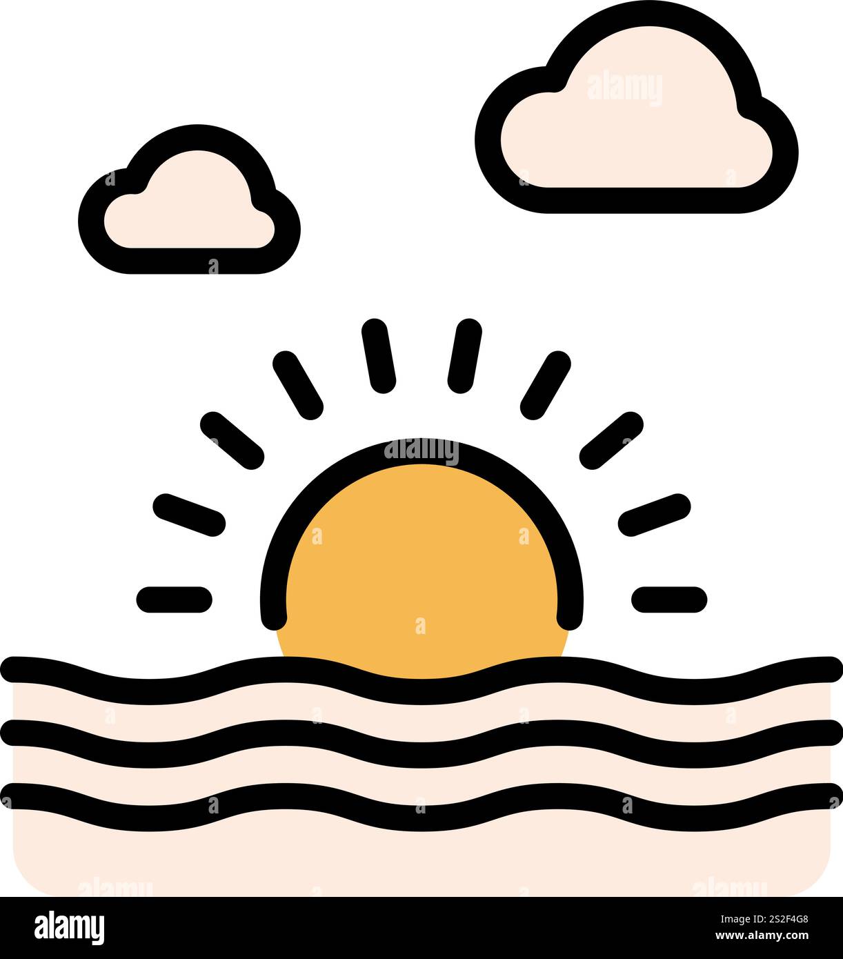Ocean sunset line icon. Water waves, sun and clouds outline vector sign ...