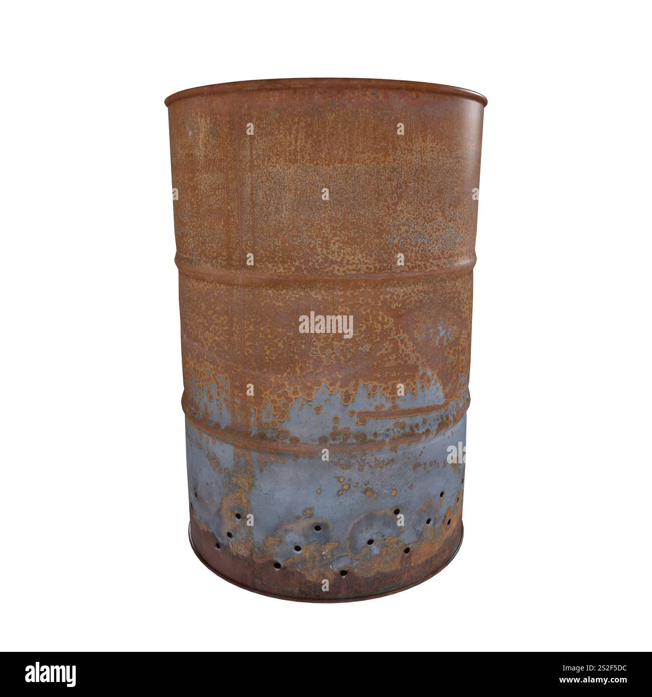 Weathered metal barrel shows significant rust and peeling paint ...