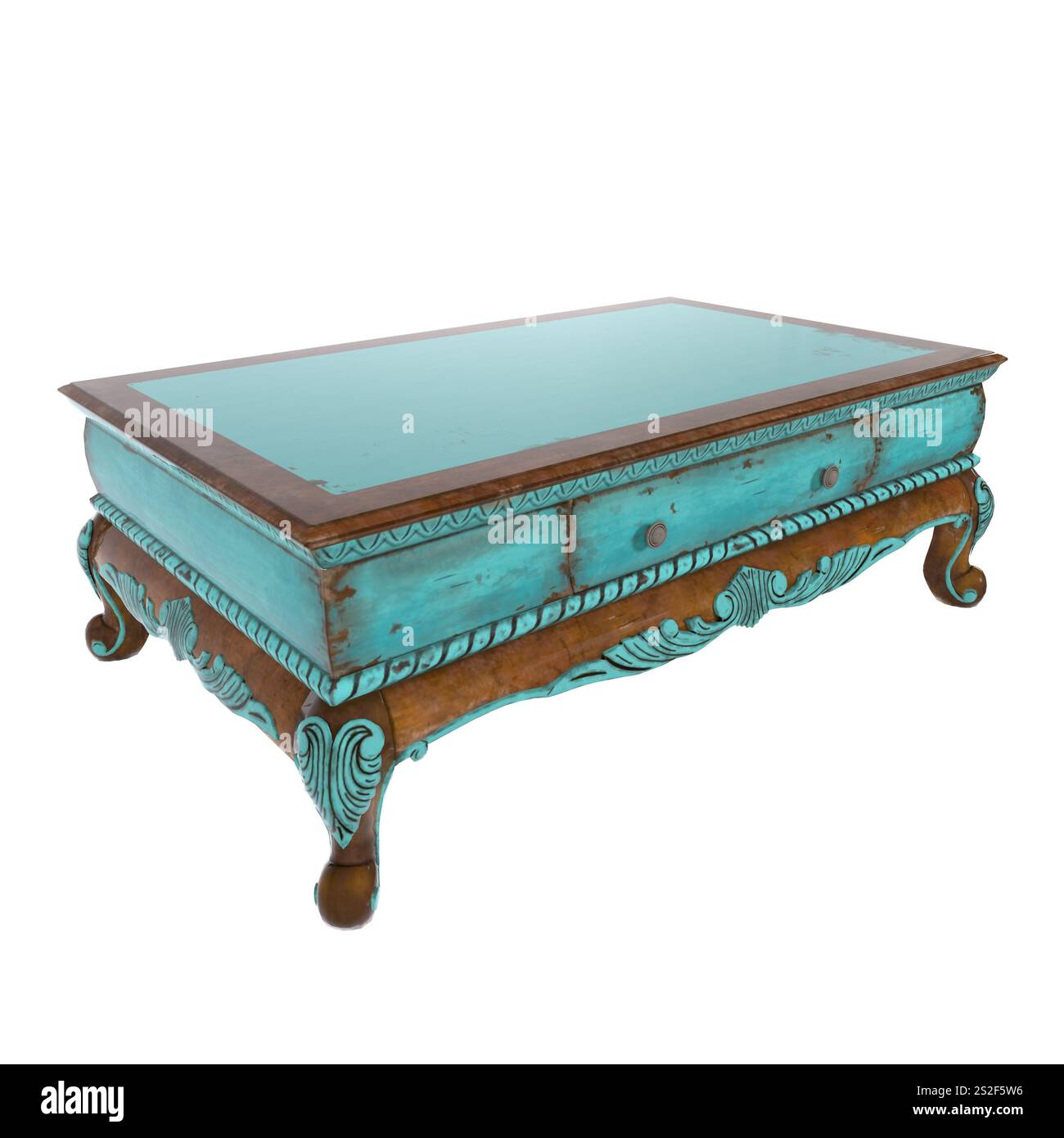This unique coffee table features intricate woodwork and a vibrant ...