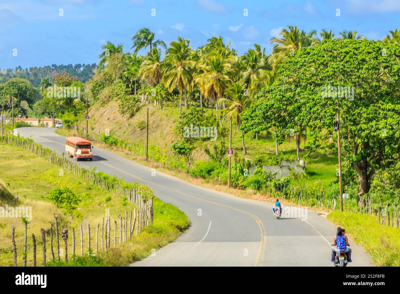 A road with a bus and two motorcycles on it. The road is surrounded by ...
