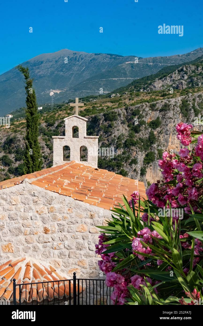 view on old architecture of Dhermi town on albanian riviera in Albania ...