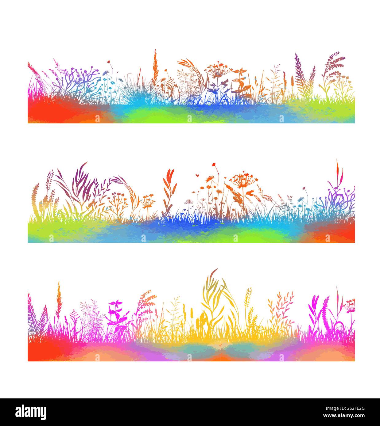 set colored grass silhouettes horizontal long background. hand drawing ...