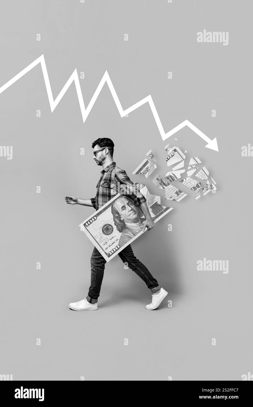 Creative photo 3d collage artwork of young worker move carry big usd ...