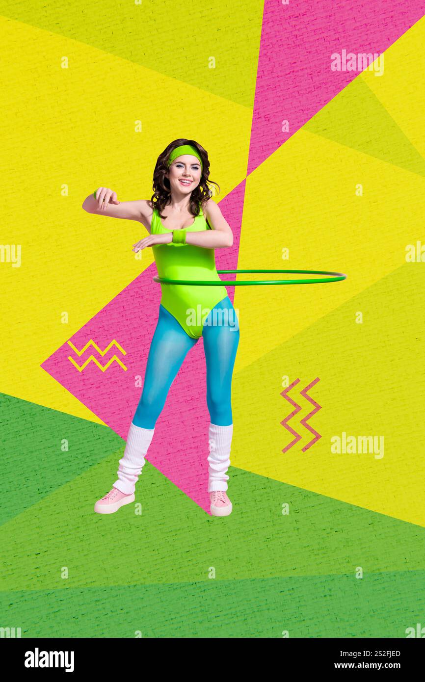 Vertical collage poster young woman fitness exercise doing practice ...