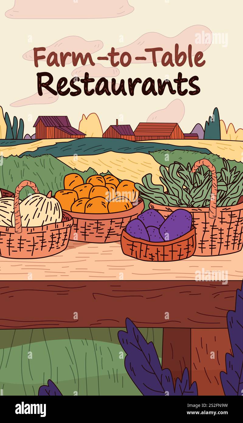 Farm-to-table produce baskets rustic farm scene colorful vegetables ...