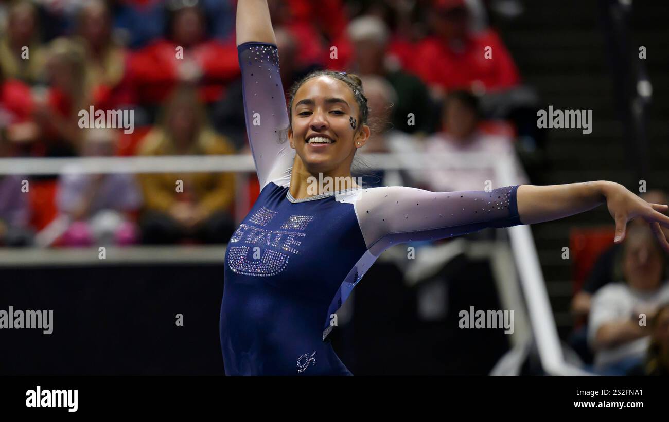 Utah State gymnast Olivia Orengo performs a routine on the floor during ...