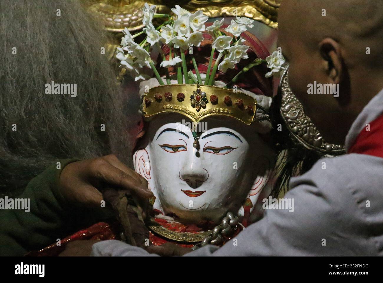 January 7, 2025: A priest gets ready to bath an idol of Seto Machhindranath during an annual ...