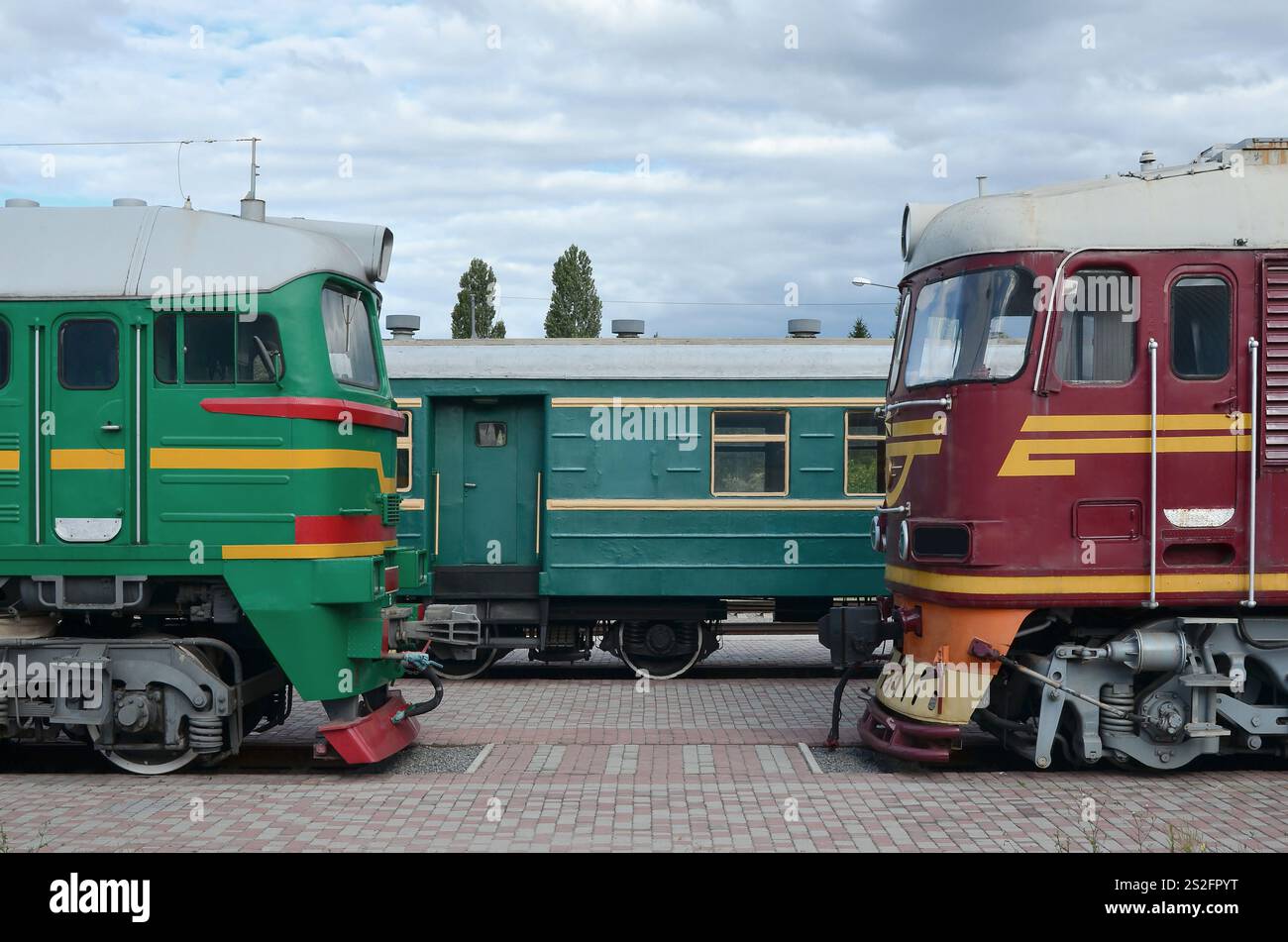 Cabs of modern Russian electric trains. Side view of the heads of ...