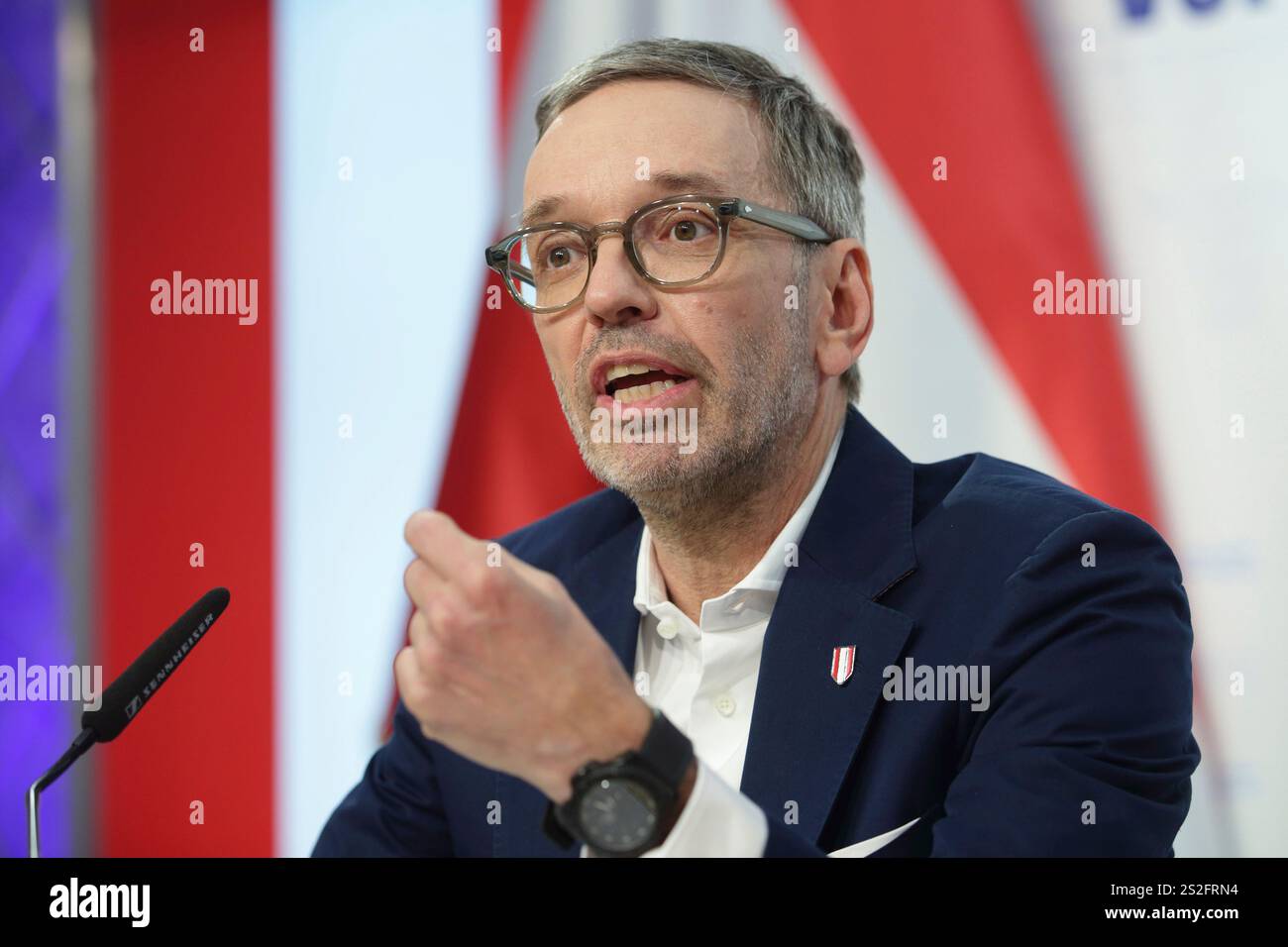 The leader of Austria's Freedom Party, Herbert Kickl, addresses a news ...