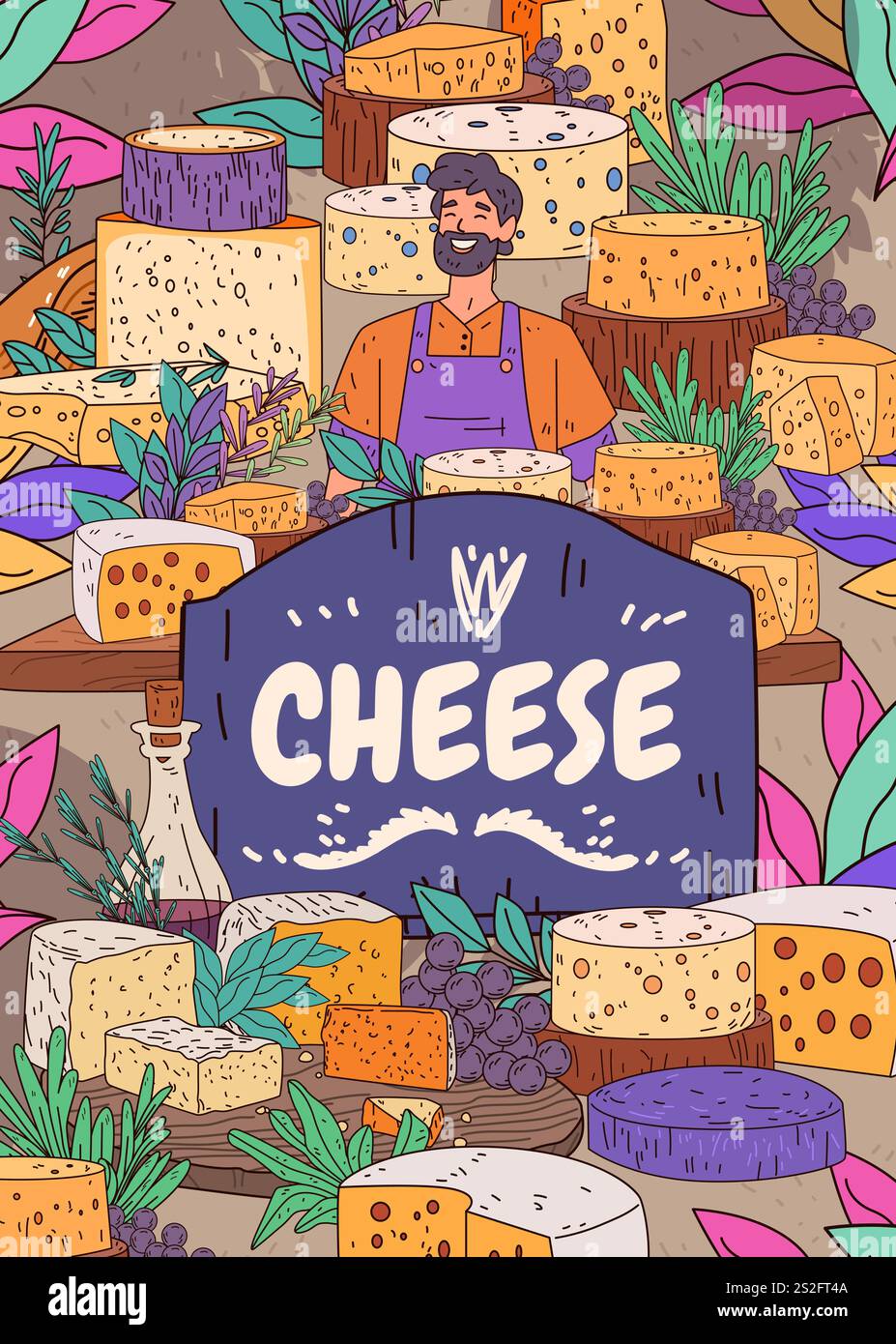 Cheese variety display colorful cheeses herbs smiling vendor vibrant ...