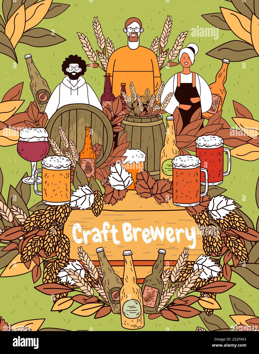 Craft brewery scene with diverse characters surrounded by beer bottles ...