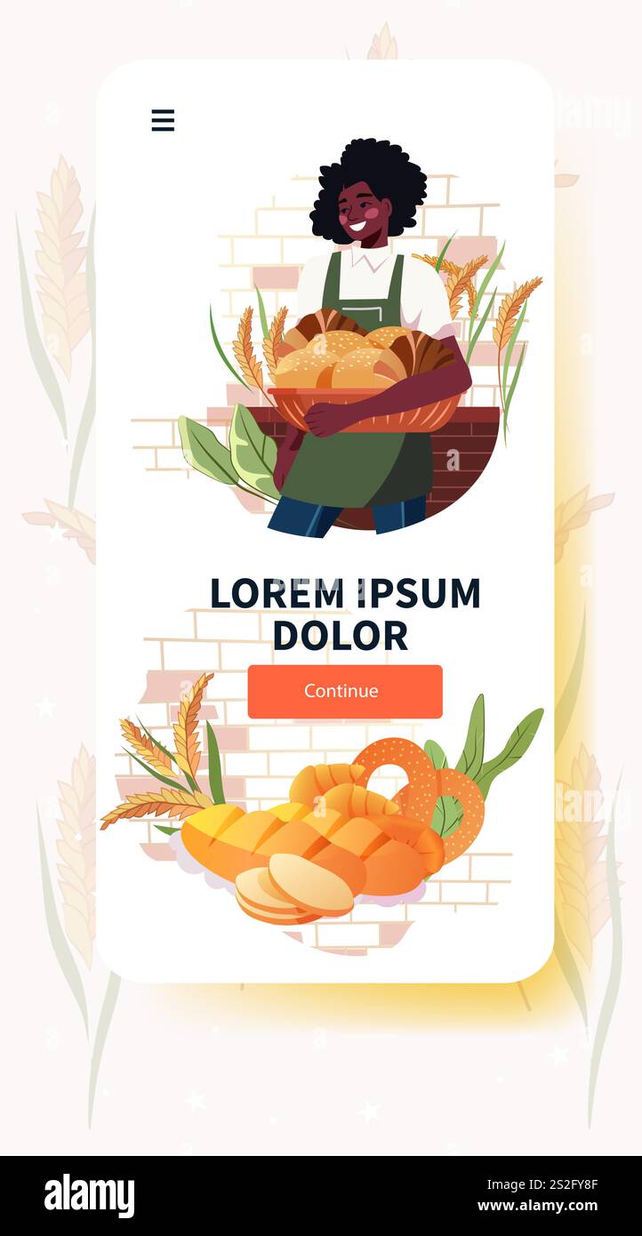Bakery app design with smiling baker holding bread basket wheat ...