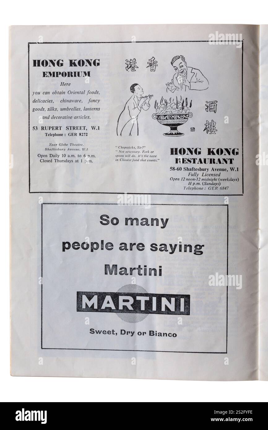 Advertisement in My Fair Lady programme printed 9/3/62 set on white ...