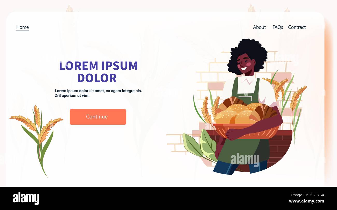 Baker holding bread basket smiling wheat plants background landing page ...