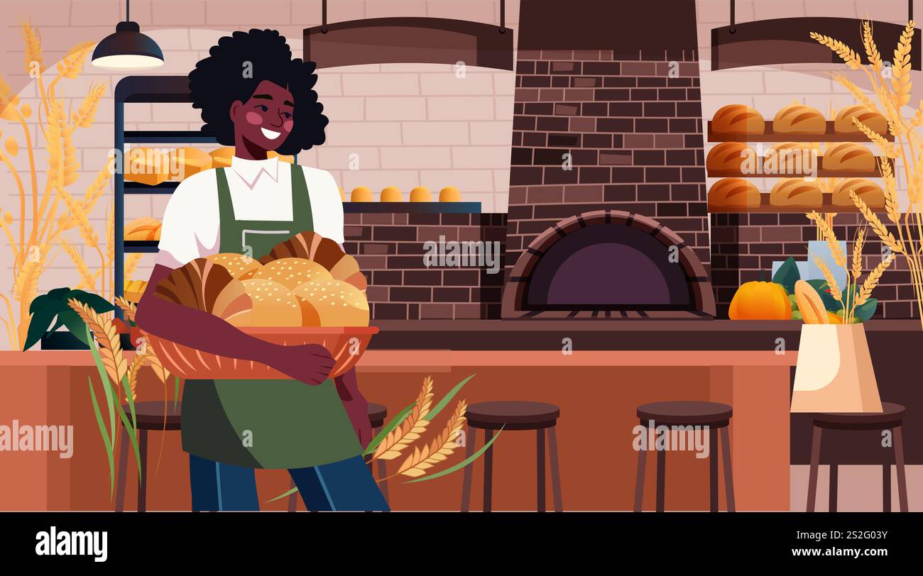 Bakery scene smiling baker holding bread. Cozy bakery interior with ...