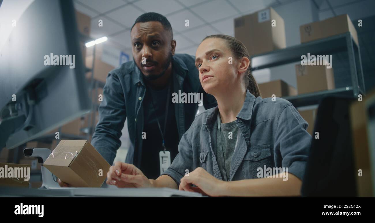 African American warehouse employee scans code on cardboard parcel with barcode scanner. Female ...