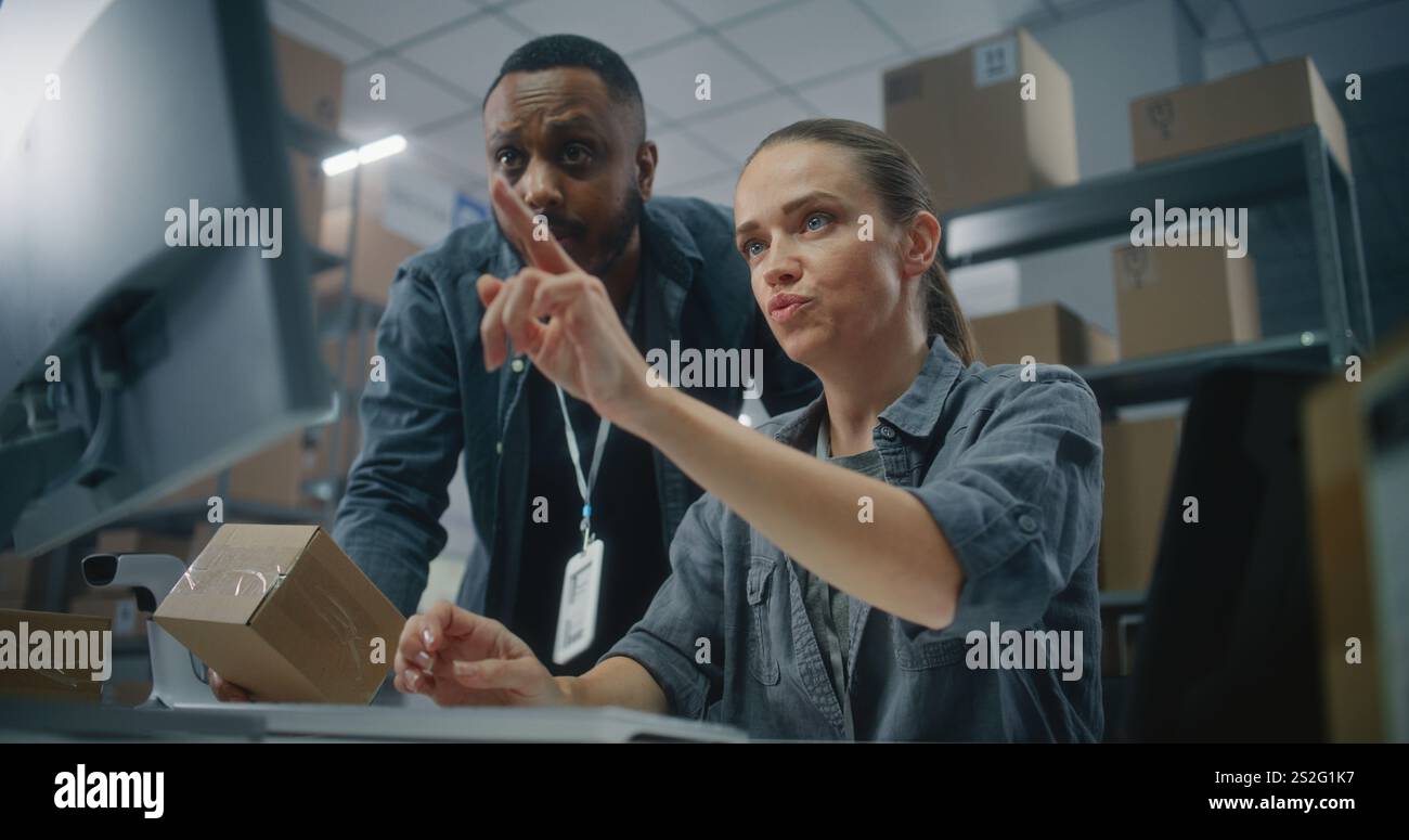 African American warehouse employee scans code on cardboard parcel with barcode scanner. Female ...