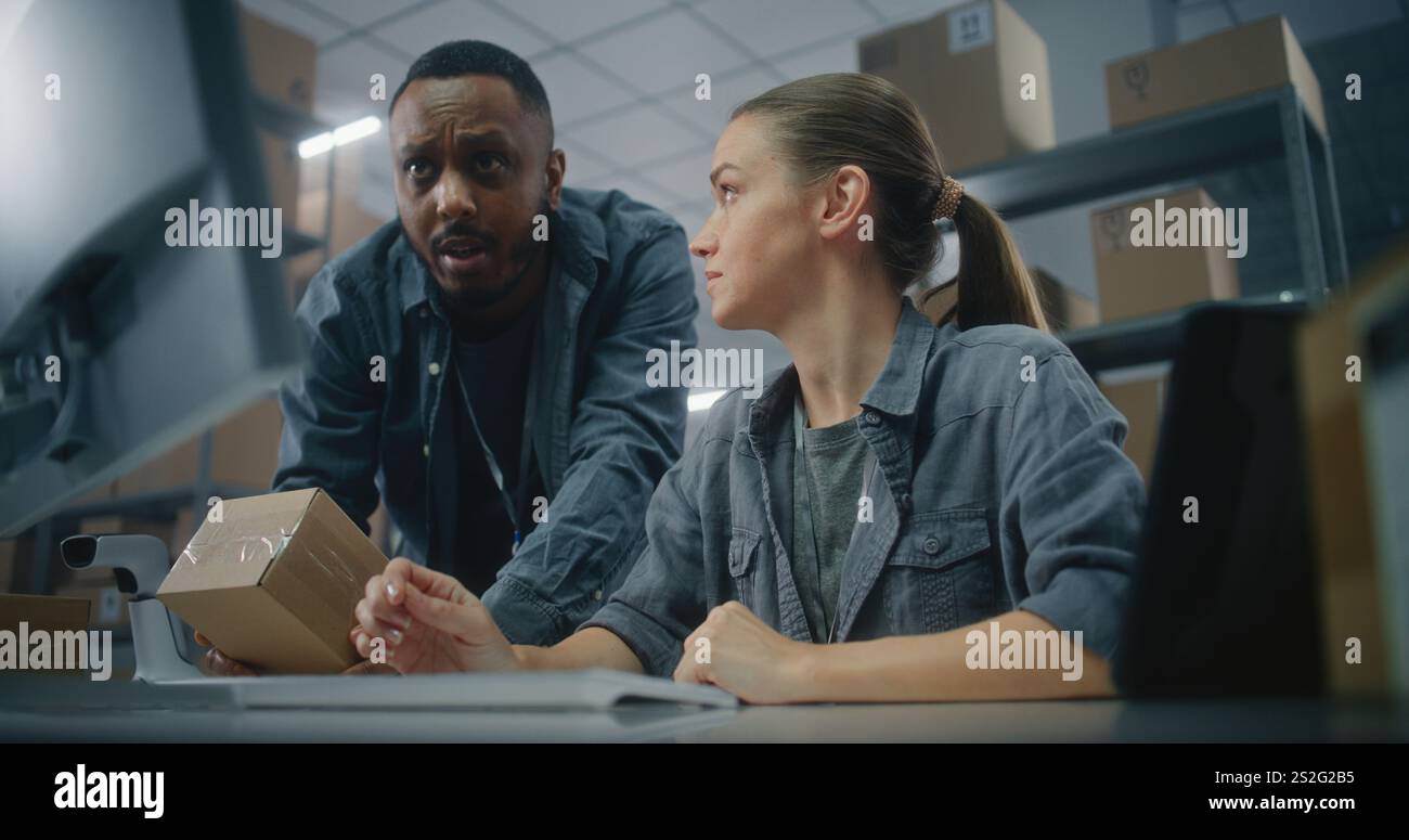 African American warehouse employee scans code on cardboard parcel with barcode scanner. Female ...