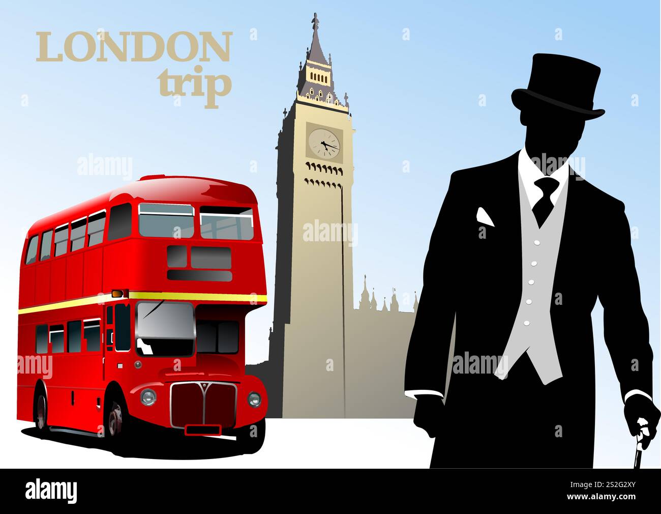 London trip poster with double Decker bus and gentleman image . Vector ...