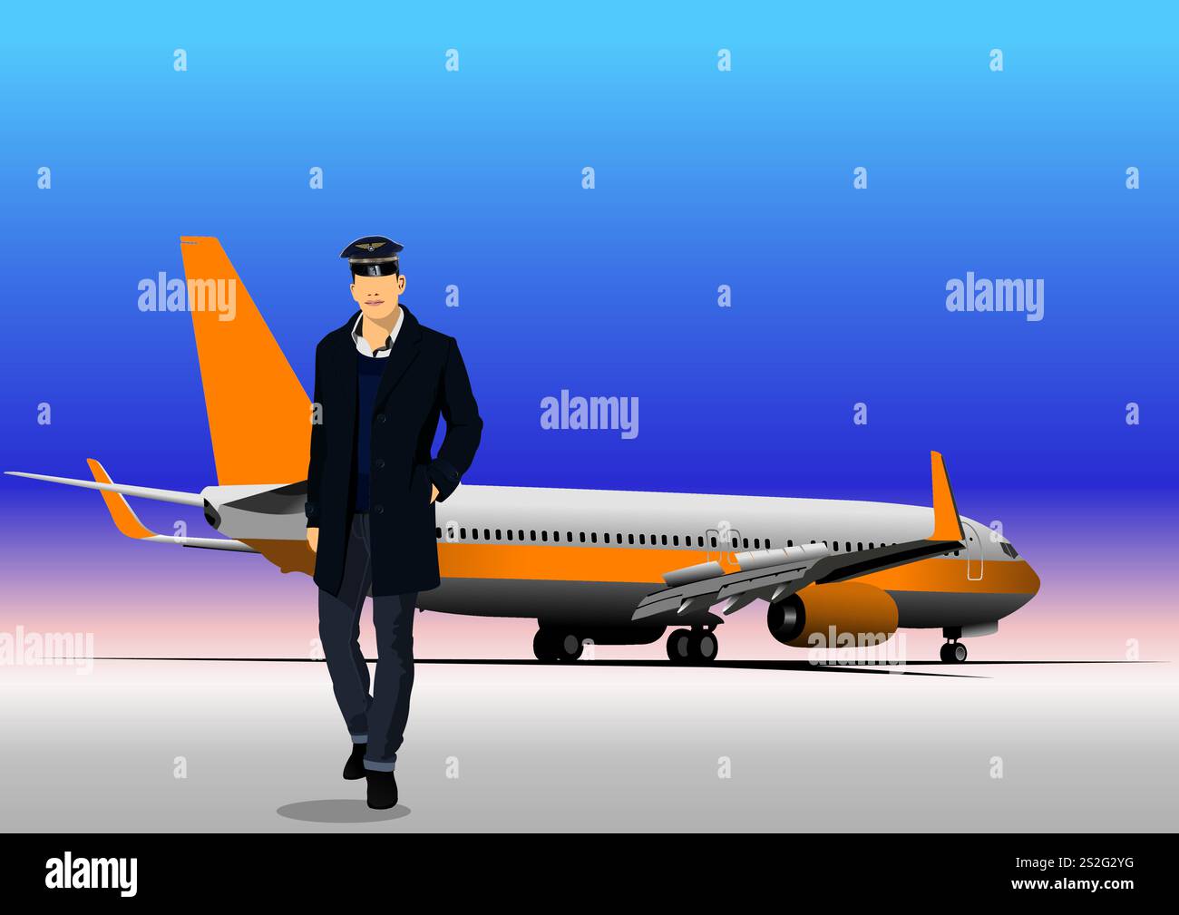 Airport scene with airplane and pilot images. Vector 3d illustration ...