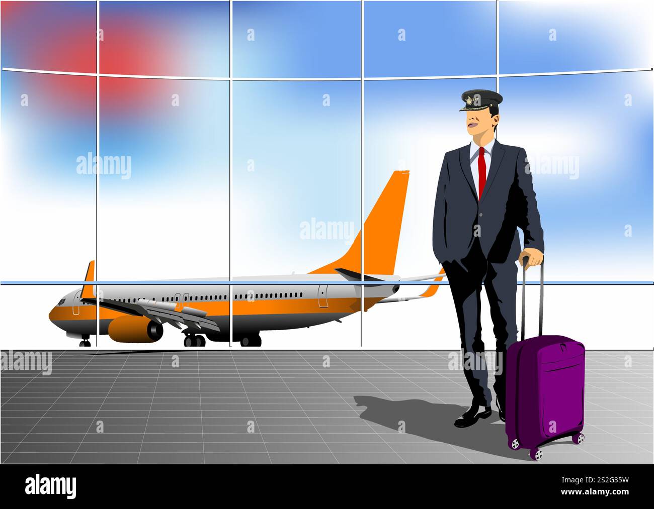 Airport scene with airplane and pilot images. Vector 3d illustration ...