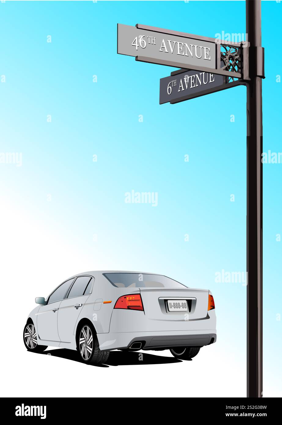 Street roadsign pointer with two arrows and car sedan. 3d vector color ...
