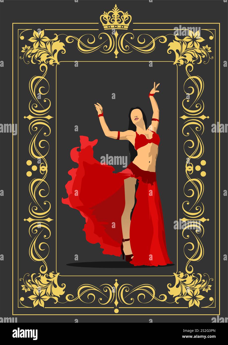 Belly dancer. Attractive girl dances east dance. Purple dress. 3d vector color illustration ...