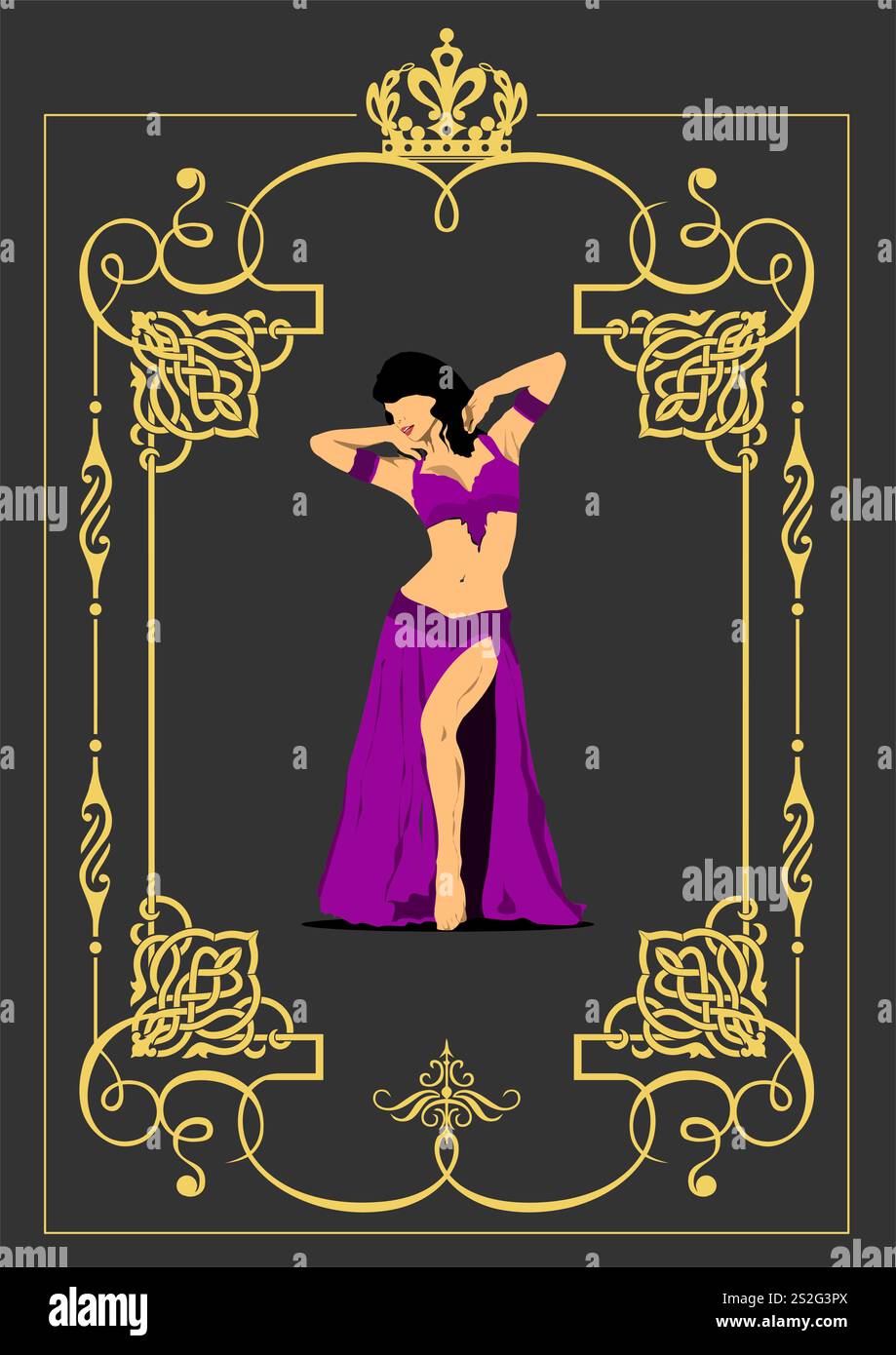 Belly dancer. Attractive girl dances east dance. Purple dress. 3d vector color illustration ...