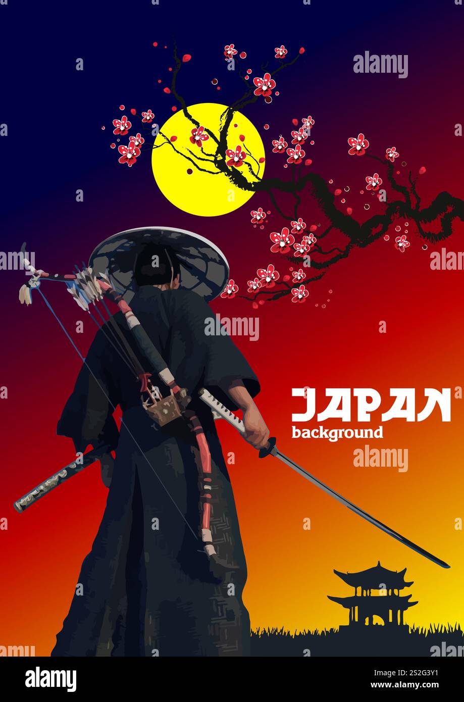 Japan style background with samurai image. Color 3d vector illustration ...