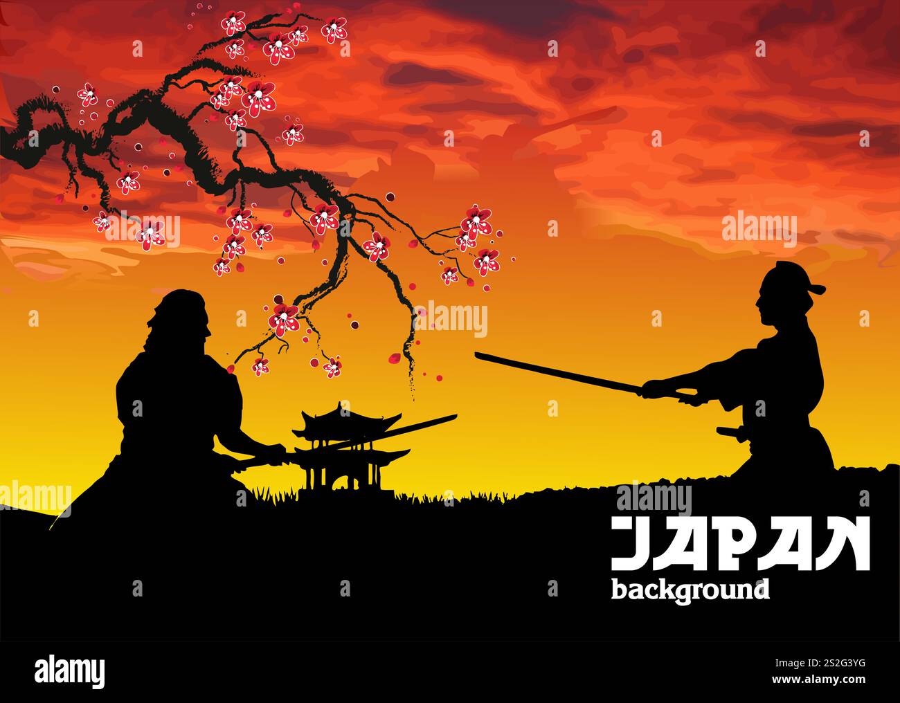 Japan style background with samurai image. Color 3d vector illustration ...