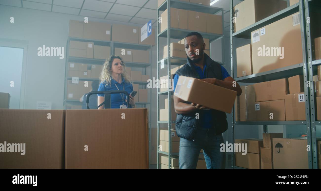 Female logistics specialist scans code on cardboard box using smartphone. African American ...