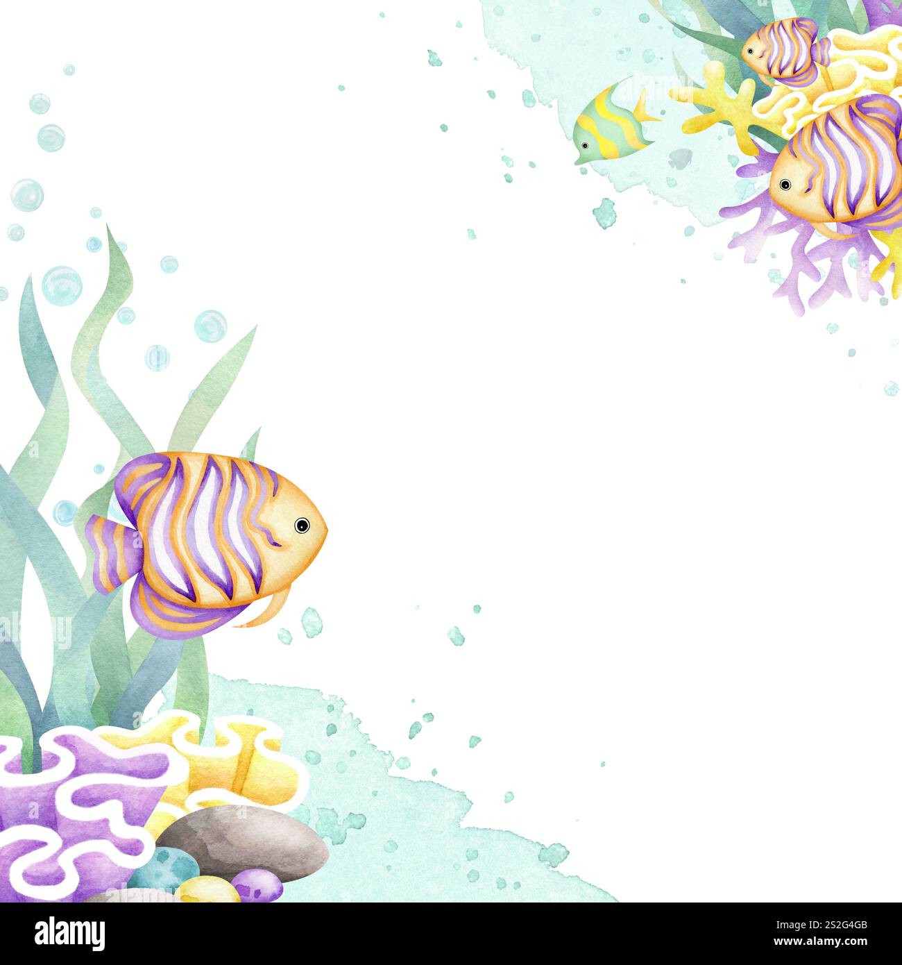 Seabed with fishes, seaweed, corals, pebbles, stones, bubbles ...