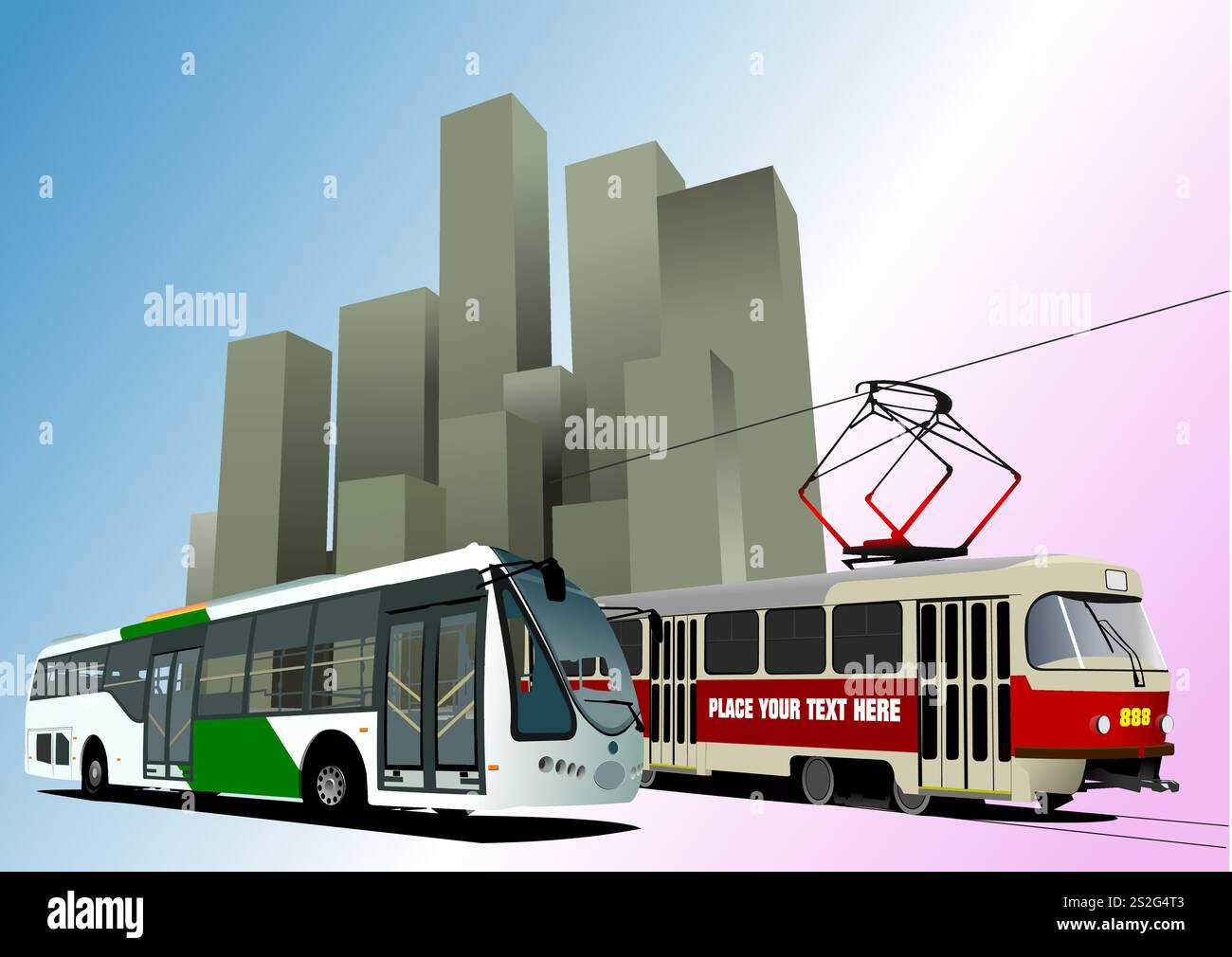 City car, tram and bus city on town background. Vector 3d illustration ...