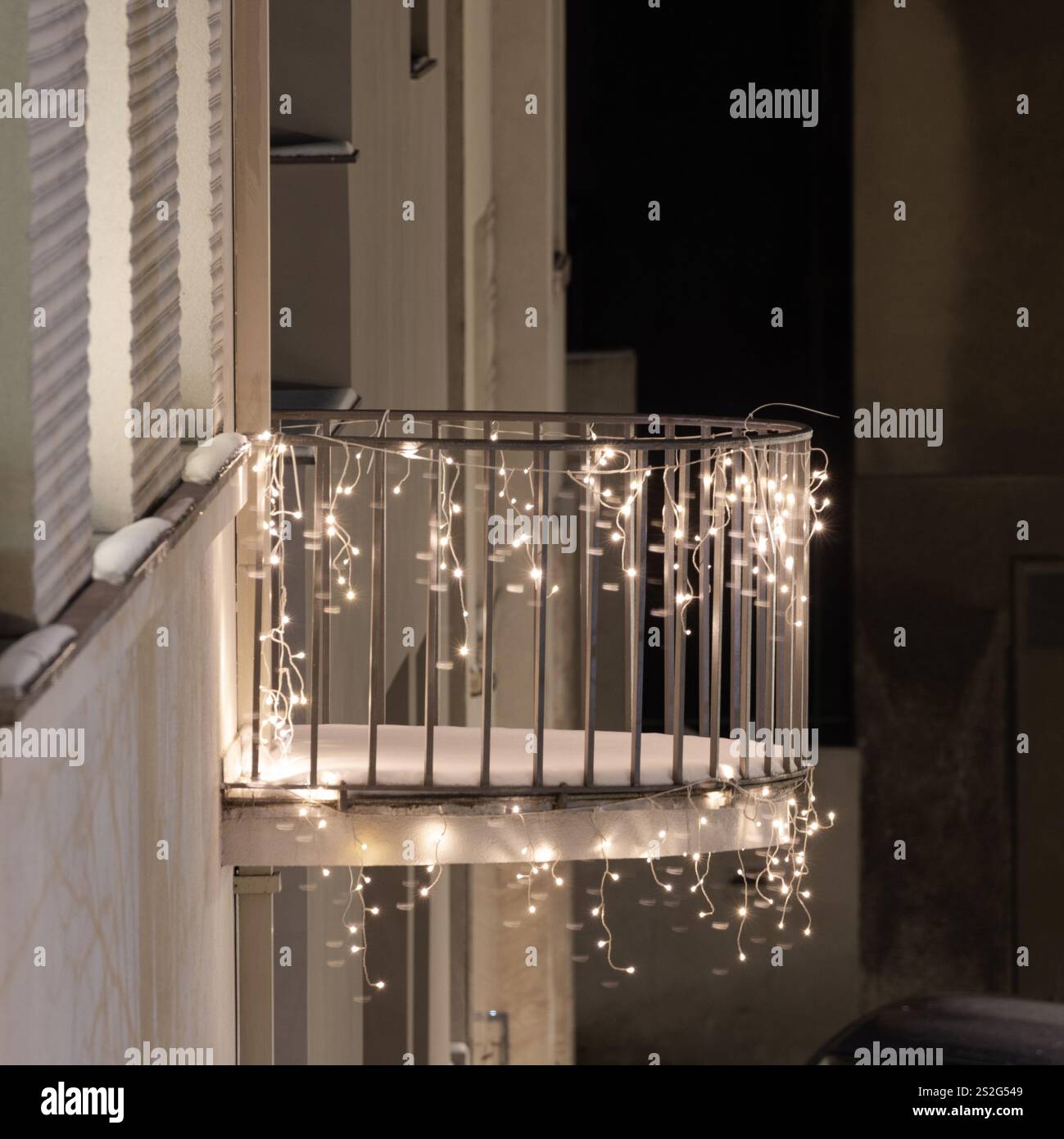 Hanging White Lights From Balcony Terrace Christmas Decoration Stock ...