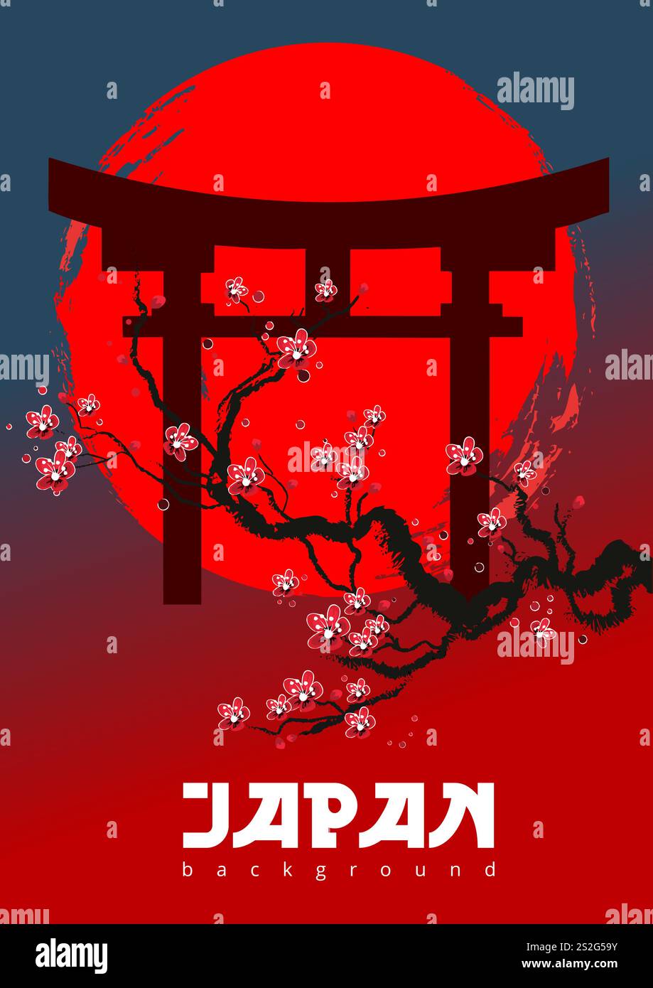 Sakura branch on a colored Japan background. Color Vector illustration ...